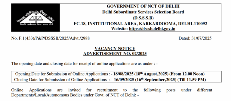 DSSSB Various Post Online Form 2025 | Advt No 02/2025