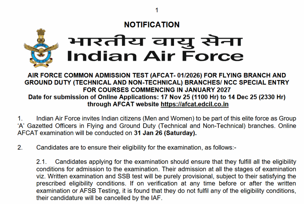 Indian Airforce AFCAT 01/2026 Batch Online Form 2025
